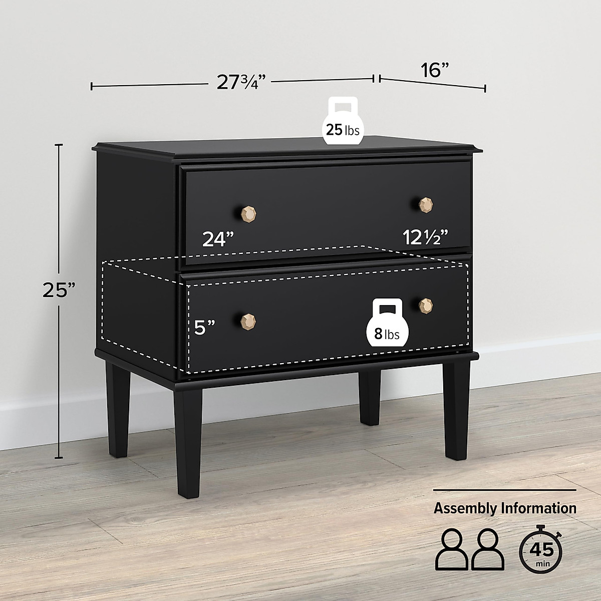 Prepac Lux Nightstand Bedside Table, Black Nightstand for Bedroom, End Table with 2 Drawers 16" D x 27.75" W x 25" H, BDNR-2302-1