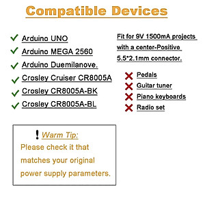 Gonine 9V DC Power Supply Cord, 9Volt 1.5A AC DC Adapter for 9Vdc Arduino UNO R3 Schwinn Bike A10 A20 Crosley Record Player CR8005A Center Positive DC Plug.