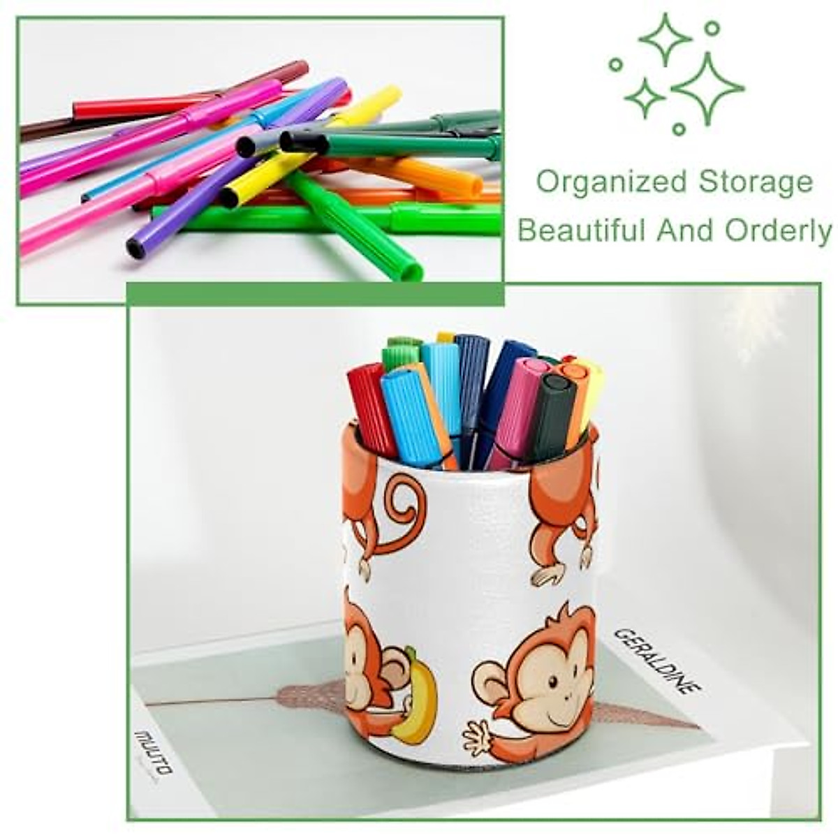 Pen Holder for Desk, Cute Monkey with Yellow Bananas Large Pencil Holder Pen Cup Decorative Desktop Organizers for Home, School, Classroom, Office