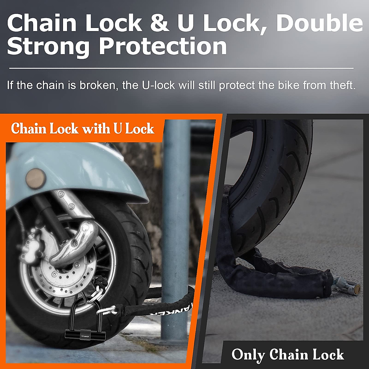 Titanker Motorcycle Chain Lock with U Lock, 4 Feet Heavy Duty Bike Chain Locks with 2 Keys, 12mm Thick Chain with 14mm Thick U Lock Anti-Theft Bike Lock for Bicycles, Motorbikes, Mopeds, Scooters