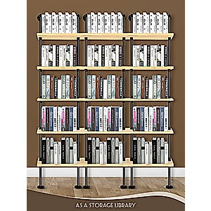5 Tier Modern Bookcase Wall Mount Ladder Bookshelf Include Wood Planks Industrial Pipe Shelf Book Display Rack Metal Pipes and Wood Shelves Stand Black Corner Frame Bookcase (Natural Wood Board)