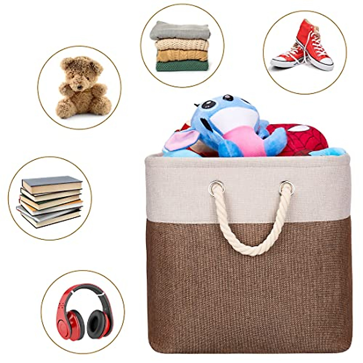 i BKGOO 3Pack Large Foldable Storage Bins，Collapsible Sturdy Cationic Fabric Organizing Storage Basket Cube with Cotton Handles for Home Office Shelf Clothes Toys Beige-Brown 13×13×13 inch