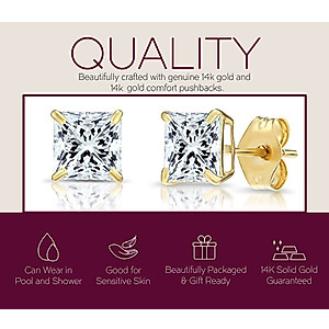 Solid 14k Yellow Gold Square Solitaire Cubic Zirconia Princess-cut Large CZ Stud Earrings for men and women (7mm)