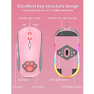 PHNIXGAM Cat Paw RGB Gaming Mouse, Silent Optical Computer Mice USB Wired with 6 Adjustable DPI Up to 7200, RGB Lighting, 6 Programmable Buttons for Windows/Vista/Linux (Pink)