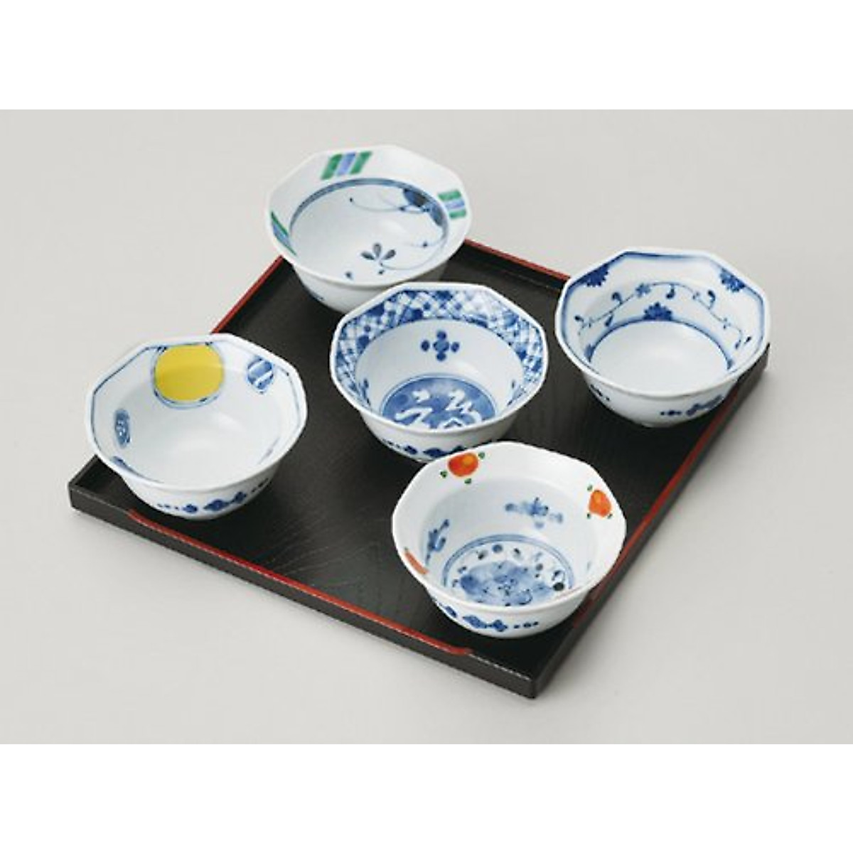 西海陶器(Saikaitoki) Saikai Pottery 30010 Hasami Ware Small Bowl, Octagonal, Small, Dyed Nishiki, Picture Changing, Bon, Comes in a Presentation Box, Diameter 3.3 inches (8.5 cm), Set of 5