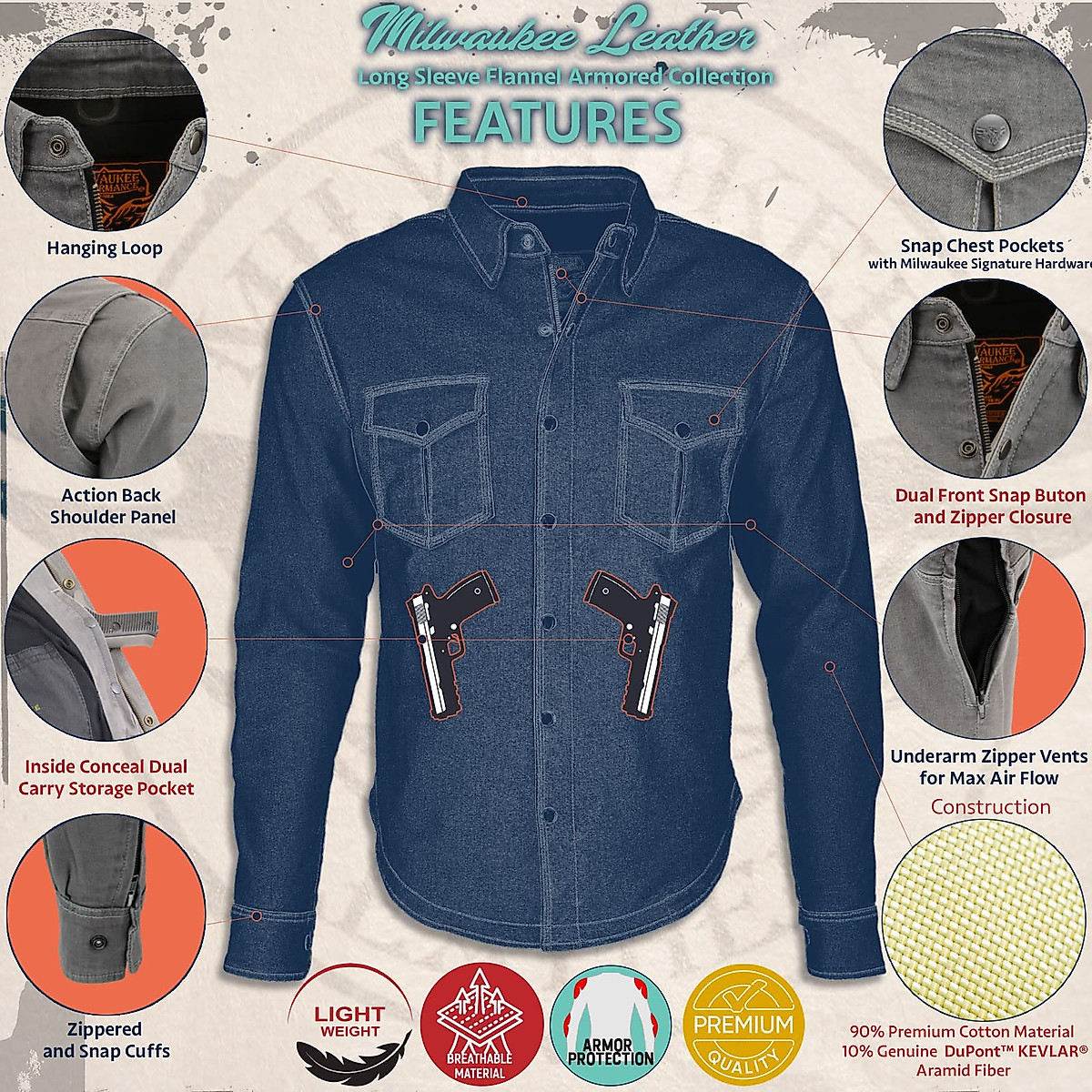 Milwaukee Leather MPM1621 Men's Grey Flannel Biker Shirt with CE Approved Armor - Reinforced w/Aramid Fibers - 3X-Large