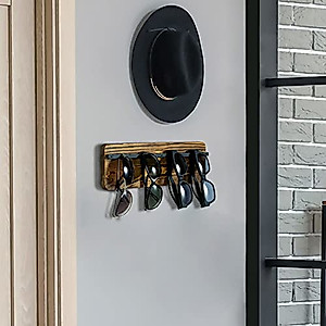 MyGift Burnt Wood Sunglasses Organizer Wall Mounted Rustic Eyeglasses Display Holder, Eyewear Glasses Hanging Rack with Black Metal Rail