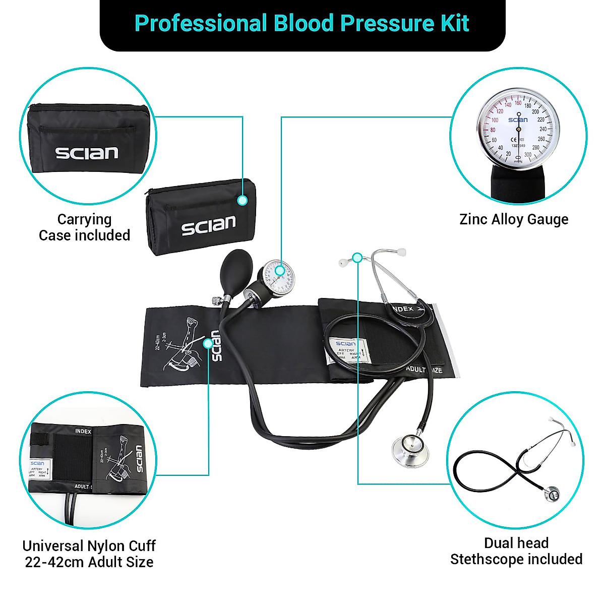Scian Aneroid Sphygmomanometer and Dual Head Stethoscope Set with Blood Pressure Cuff 8.7”-16.5” in Carrying Bag for Doctos Nurses Senior Home Use (Black)