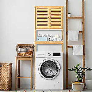 Over The Toilet Storage Cabinet, Bamboo Over Toilet Shelf Organizer with Adjustable Shelf, 2-Door with Cupboard, Bathroom Cabinet with Open Shelf Freestanding Tall Space Saver Toilet Rack, Burlywood