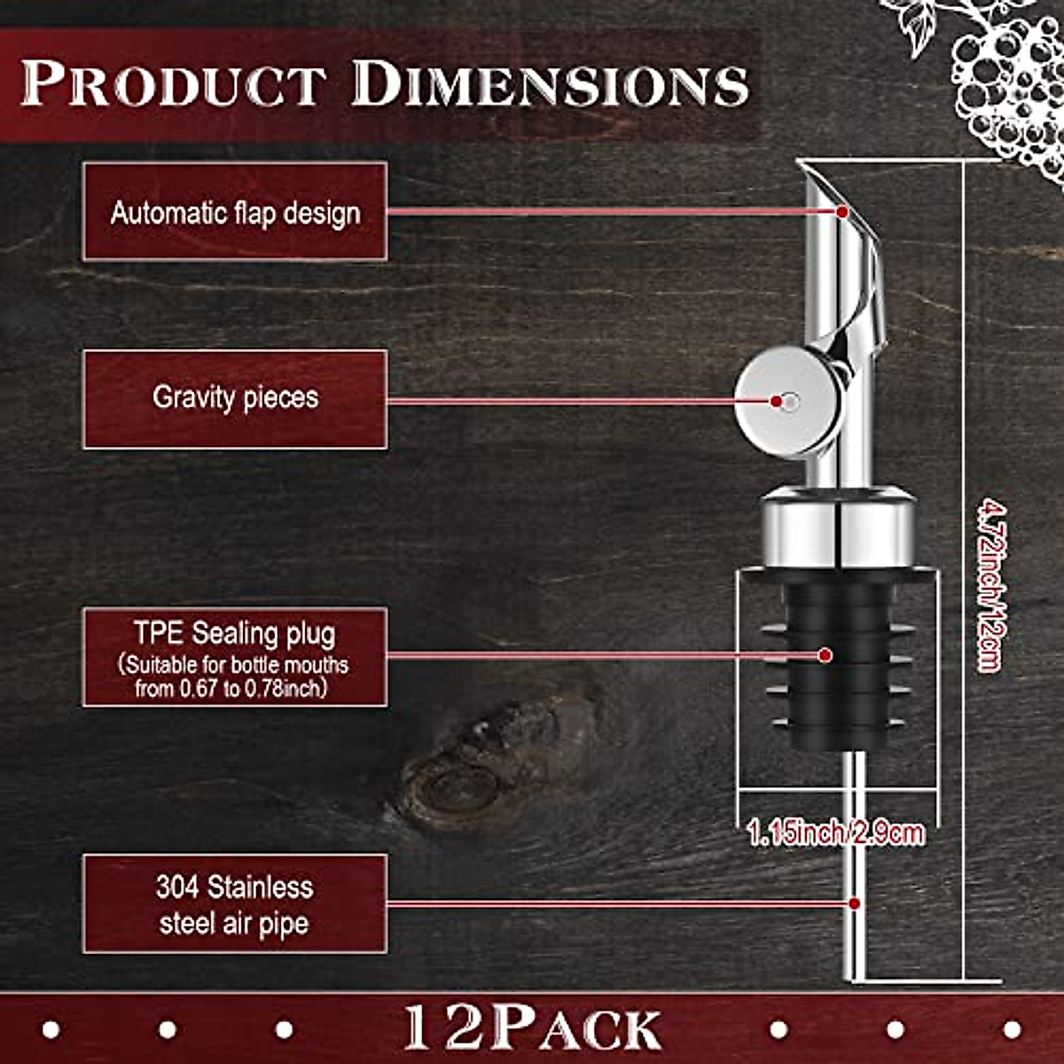 Shimeyao Weighted Stainless Steel Pourers Olive Oil Dispenser Spout Liquor Bottle Pourers Auto Flip Oil Dispenser for Liquor Bottles Balsamic Vinegar Alcohol Liquor Pourer Spout (Silver, 12 Pcs)