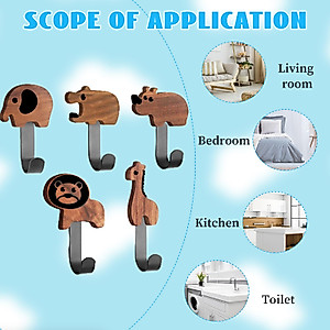 Qivine 5Pcs Wood Cute Animal Coat Hooks, Kids Coat Rack, Kids Coat Rack Wall Mount, Wall Hooks for Hanging, Giraffe Lion Elephant Animal Nursery Hooks for Nursery Bathroom Bedroom Home Decor