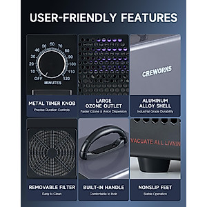 CREWORKS Ozone Generator, 5000 mg/h High Capacity Ozone Machine for Car Home Smoke Pet Odor Removal, Commercial Ozone Odor Eliminator Air Purifier with Timer Display for 3200 sq ft Room, Black