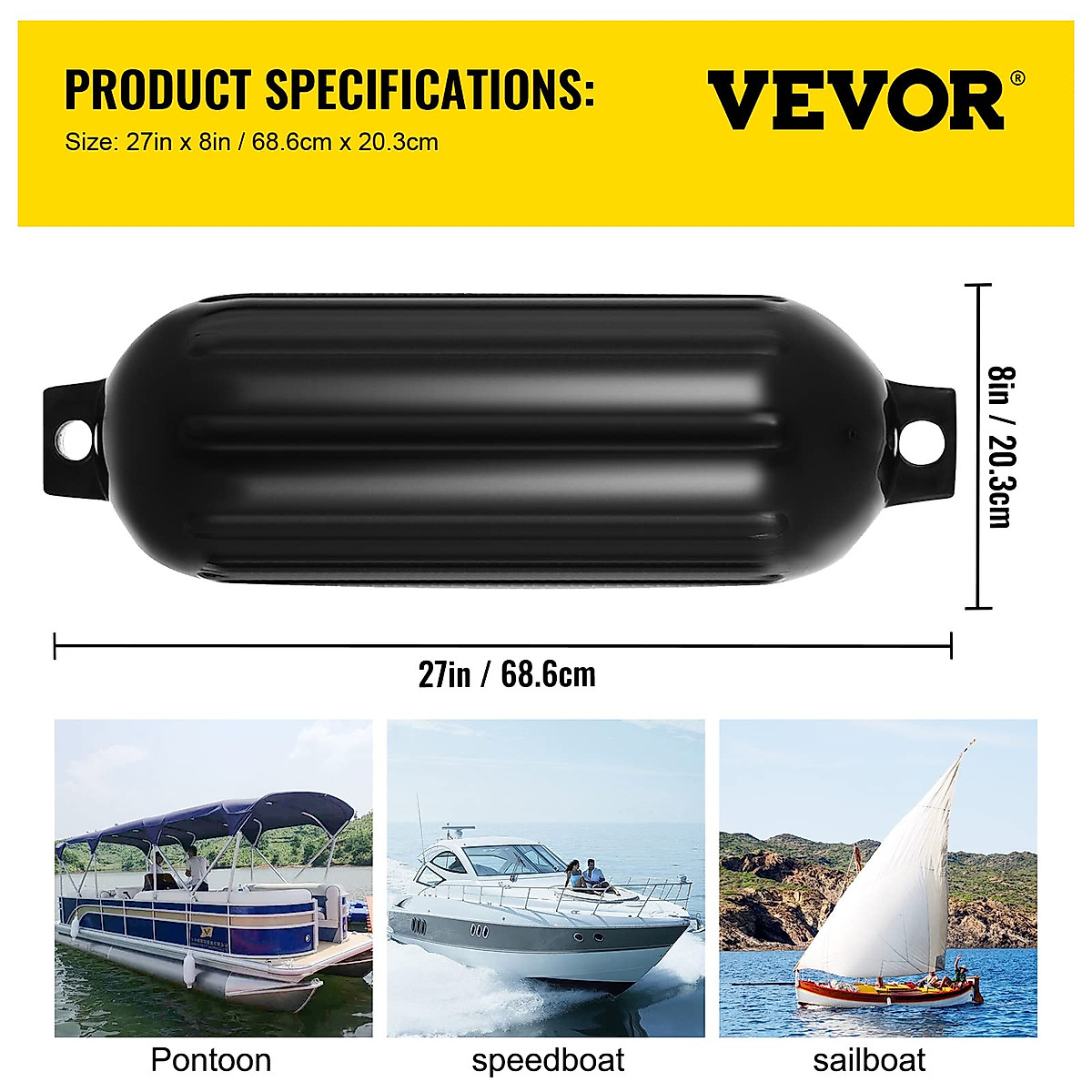 VEVOR Mophorn Ribbed Twin Eyes Boat Fender Black Boat Fender Bumper Pack of 4 and Pump to Inflate (Black, 8 x 27 inches)