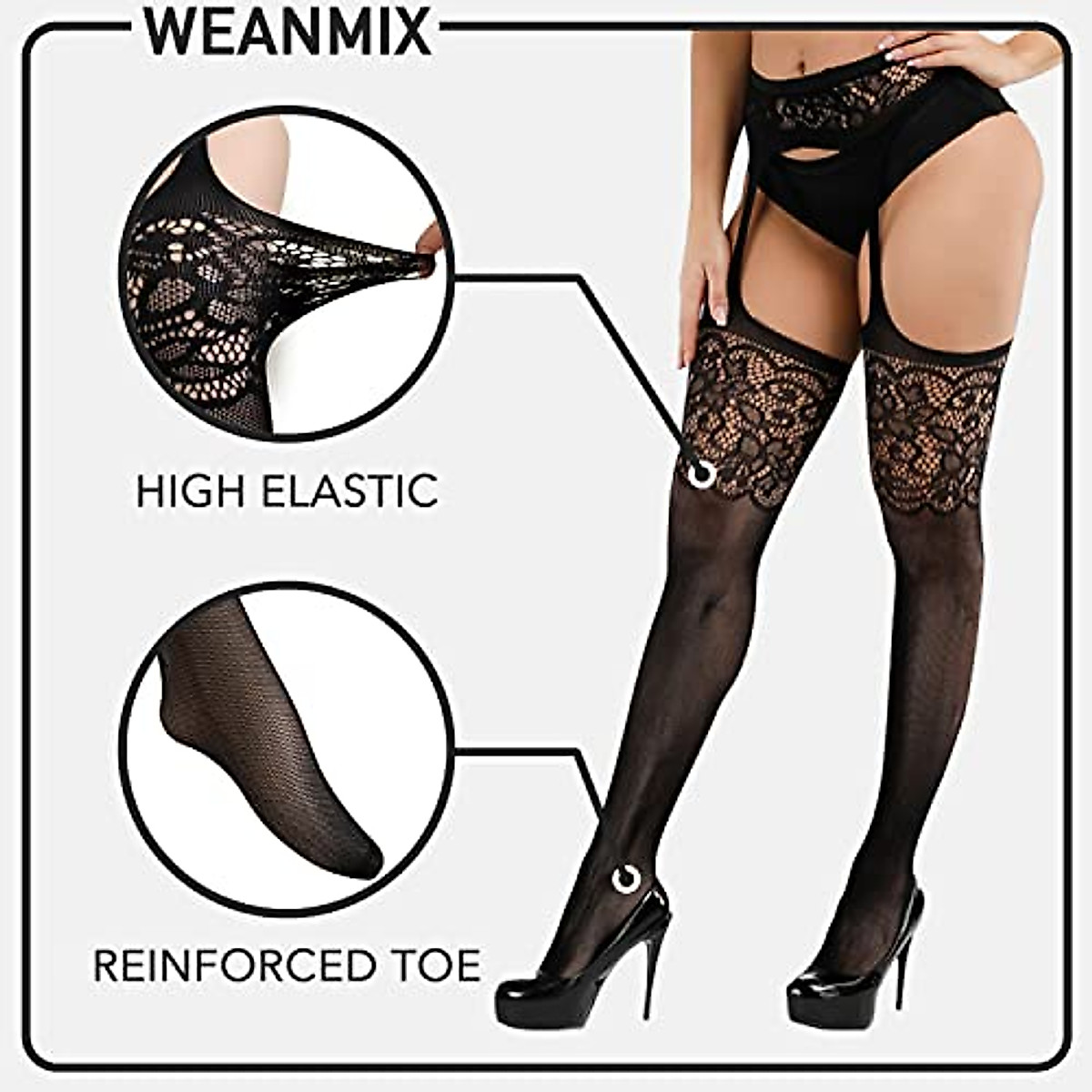 WEANMIX Suspender Garters Fishnet Stockings Lace Patterned Tights High Waist Pantyhose Fishnets for Women