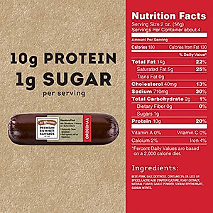 Old Wisconsin Premium Summer Sausage, 100% Natural Meat, Charcuterie, Ready to Eat, High Protein, Low Carb, Keto, Gluten Free, Original Flavor, 8 Ounce