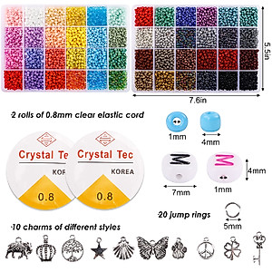 QUEFE 6480pcs Glass Seed Beads 4mm Bracelet Beads for Jewelry Making Kit, Small Waist Craft Beads, 260pcs Alphabet Letter Beads with Elastic String Cords and Charms