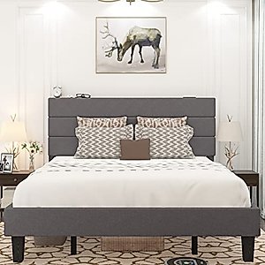 Benevika King Size Upholstered Platform Bed Frame with Linen Fabric Simple Style Headboard and Wooden Slats Support, Upholstered Mattress Foundation, No Box Spring Needed, Easy Assembly, Grey