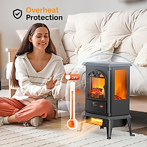 ROVSUN 1500W Electric Fireplace Stove, 22.4" H Freestanding Heater with Remote, Timer, Realistic Flame Effect, Adjustable Temperature, Overheat & Tip-Over Protections for Bedroom Living Room, ETL