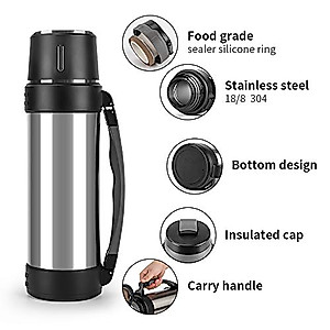 MUCR Stainless Steel Thermoses with Cup – 61oz Double-Wall Vacuum Insulated Water Bottle for Travel – Camping Coffee Thermoses with Handle – Keeps Liquid Hot or Cold,Leak Resistant,Silver