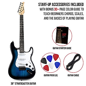 LyxPro CS 39” Electric Guitar Kit for Beginner, Intermediate & Pro Players with Guitar, Amp Cable, 6 Picks & Learner’s Guide | Solid Wood Body, Volume/Tone Controls, 5-Way Pickup - Blue