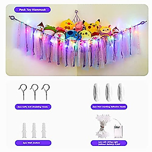 ieBabay Stuffed Animal Net or Hammock with Led Light, Boho Stuffed Animal Storage Organizer, Plush Toy Hammock Net, Hanging Plushie Net, Toddler Hammock for Kids Room Decor