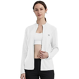 MoFiz Women's Full Zip Hiking Shirt Lightweight UPF 50+ Sun Protection Running Jacket Long Sleeve Sports Outdoor Top Pockets White XL