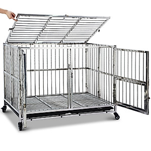 42" Heavy Duty Dog Crate Cage Kennel with Wheels, Full Stainless Steel High Anxiety Indestructible Dog Crate, Sturdy Locks Design, Double Door Small Door Design & Removable Tray Design (Silver)