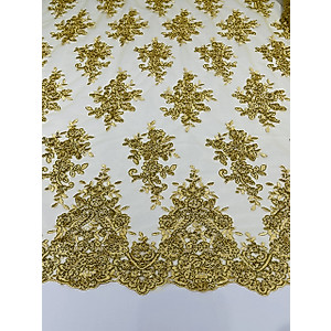 New Creations Fabric & Foam Inc, 50" Wide Floral Design Embroidery On A Mesh Lace with Sequins and Cord Fabric (1 Yard, Metallic Gold)