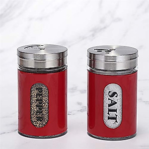 Salt and Pepper Shakers Stainless Steel and Glass Set with Adjustable Pour Holes (Red)