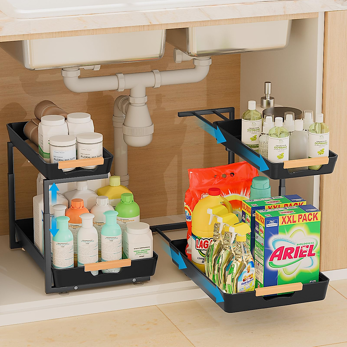 LIUMAYAS 2 Pack Under Sink Organizer Pull 0ut, 3 Height Adjustable Under Kitchen Sink 0rganizer and Storage Black, 2 Tier Double Sliding Drawer Cabinet Organizer for Kitchen Bathroom Pantry