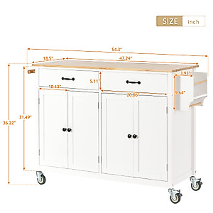 Kitchen Island on Wheels - Moveable Kitchen Island with Solid Wood Top and Locking Wheels, Rolling Kitchen Carts on Wheels with Storage, White