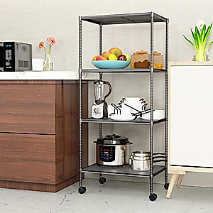 OVICAR 4-Tier Wire Storage Shelves, Adjustable Shelving Units with Wheels, Steel Metal Storage Rack for Kitchen Pantry Closet Laundry, Durable Organizer Garage Tool Storage Shelf (Black, 4 Tiers)