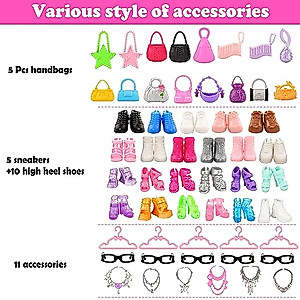 52 Pcs Fashion Doll Clothes and Accessories for 11.5 Inch Girl Doll Include 16 Pcs Mini Floral Sequin Dresses 36 Different Accessories Shoes, Handbags, Glasses, Necklace Accessories for Gril Doll