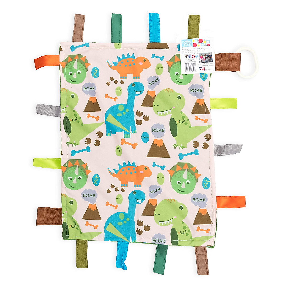Baby Sensory, Security & Teething Closed Ribbon Tag Lovey Blanket with Minky Dot Fabric: 14X18 (Dinosaurs)