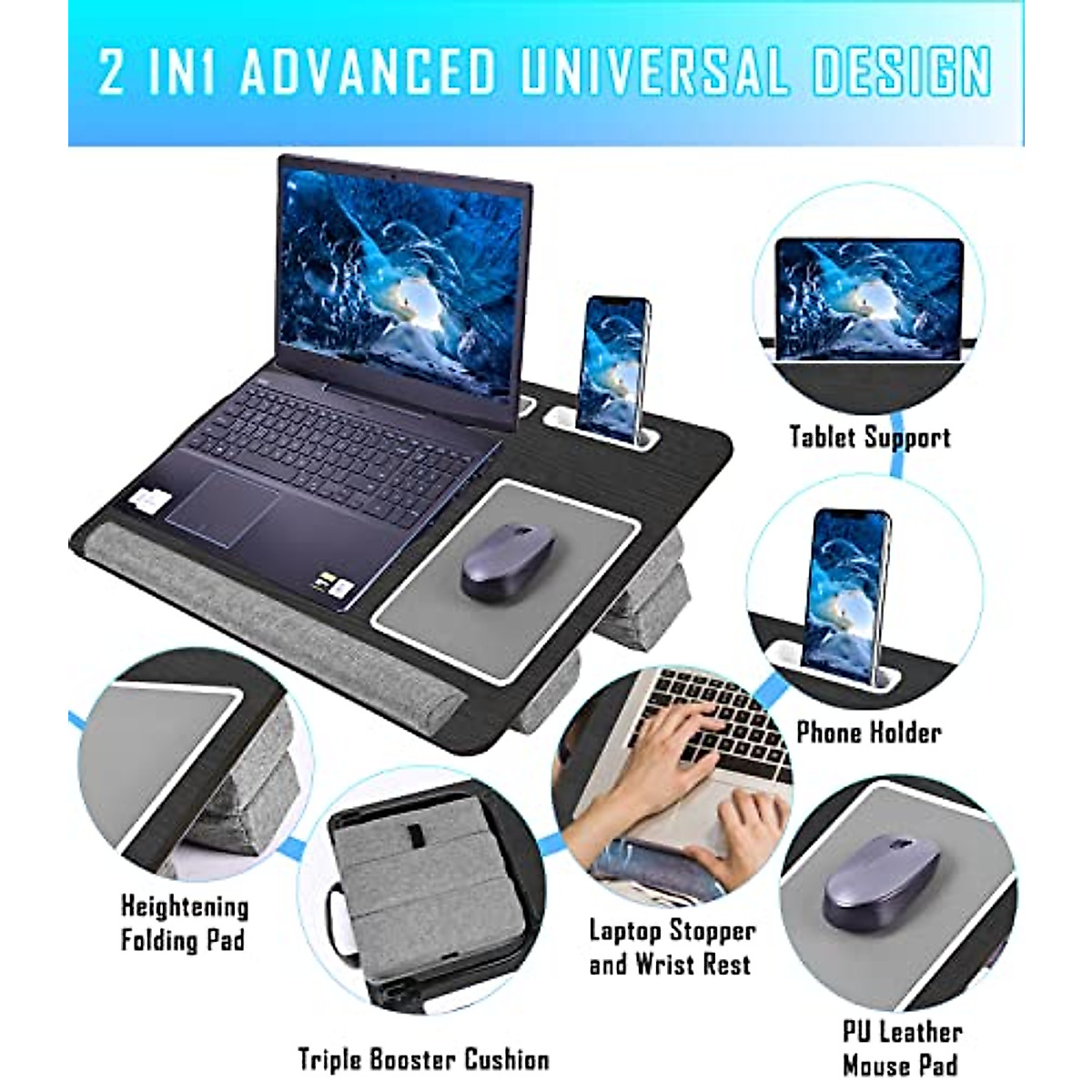 Lap Laptop Desk-Fits Up 17In Foldable Laptop Bed Tray Table with Adjustable Dual Cushion,Wrist Rest & Mouse Pad,Portable Wood Laptop Stand for Sofa Bed,Multifunctional Slot for Tablet & Phone (Black)