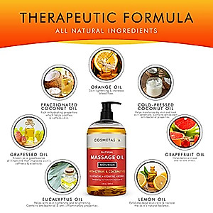 Natural Nourishing Massage Oil with Massage Roller Ball- Coconut & Citrus- Non Greasy, with Therapeutic Rejuvenating, Hydrating & Aromatic Essential Oils for Dry Skin, Soothes Muscles & Joints 8.8 oz