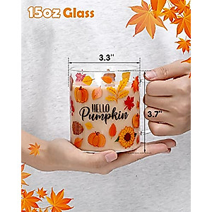Nefelibata Fall Pumpkin Glass Mug 15 Oz Clear Cup With Handle, Large Espresso Iced Coffee Cup Hot Beverage Cappuccino Tea Drinking Glassware Autumn Decor for Coffee Bar Halloween Thanksgiving Gift