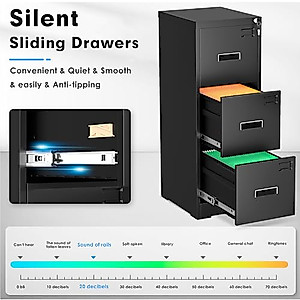 Greenvelly 18" D File Cabinet, 3 Drawer Vertical File Cabinet with Lock, Locking Filing Cabinet for Home Office, Black Metal File Cabinet for Hanging Letter/Legal Folders, Easy Assemble