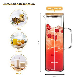 ZRRHOO Glass Pitcher with Bamboo Lid and Spout, 52oz/1500ml Clear Water Pitcher with Scale Line and Brush, Heat Resistant Carafe for Iced Tea, Cold Brew, Juice, Sangria, Lemonade, and More