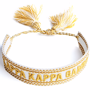 Sorority Shop Kappa Kappa Gamma Bracelet — Woven Bracelet, White and Gold Design with KKG Sorority Name and Tassels, Greek Sorority Jewelry and Big Little Sorority Gifts