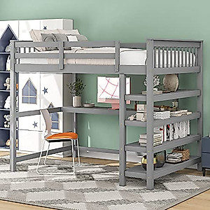 Merax Wood Loft Bed with Desk : Twin Size Loft Bed with 4-Storage Shelves and Under Bed Desk Solid Wood Bed, Grey