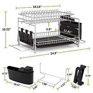 1Easylife Dish Drying Rack, 2 Tier Large Kitchen Dish Rack with Removable Drainboard, Utensil Holder and Cup Holder, Rustproof Nano Coating Dish Drainer