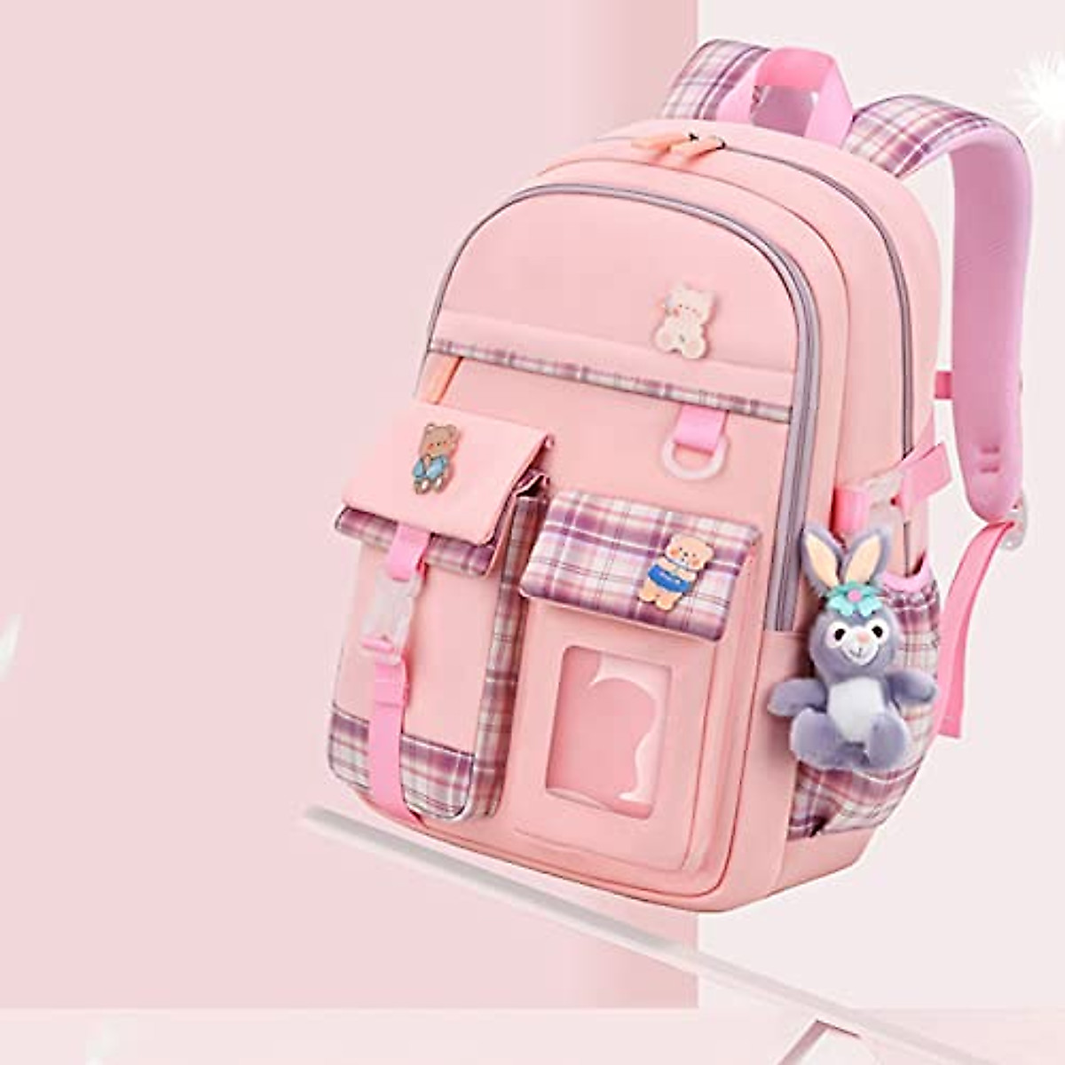 ZTGD Kawaii Backpack with Kawaii Rabbit Pin and Accessories Cute Kawaii Backpack for School Bag Kawaii Girl Backpack Cute Pink