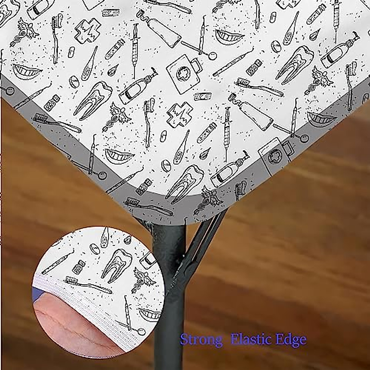 JUNTAIY Doodle Elastic Edged Tablecloth, Hand Drawn Medical Pattern Dental Hygiene Home Decorative Tablecloths, Fits 36x36 inch Table, Great for Home Kitchen/Parties/Holiday Dinner, Black and White