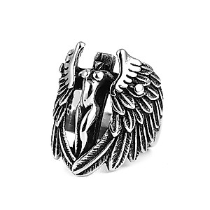 HZMAN Vintage Archangel Goddess Feather Angel Wing Stainless Steel Ring (Silver,9)