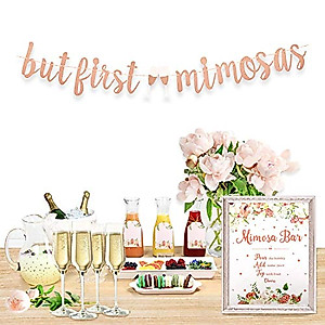 Aonor Rose Gold Mimosa Bar Bridal Shower Decorations Supplies – Glittery But First Mimosas Banner and Tissue Paper Tassels Garland for Wedding Baby Shower Party Bar Sign Decorations