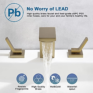 POP SANITARYWARE 2-Handle Widespread Bathroom Sink Faucet for 3 Holes Solid Brass 8 Inches Waterfall Bathroom Vanity Faucets with Pop Up Drain and cUPC Supply Hoses, Brushed Gold