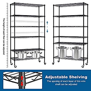 Hudada Garage Shelving 48 inch L×18 inch W×82 inch H Wire Shelving with Wheels Metal Storage Shelves Heavy Duty 6 Tier Adjustable Shelving with Casters for Restaurant Pantry Kitchen Rack - Black