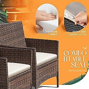 Greesum Patio Furniture 4 Pieces Conversation Sets Outdoor Wicker Rattan Chairs Garden Backyard Balcony Porch Poolside loveseat with Cushion and Glass Table, Brown and Light Beige