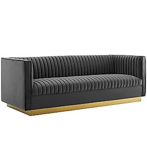Modway Sanguine Vintage Glamour Channel Tufted Performance Velvet Upholstered Sofa in Gray